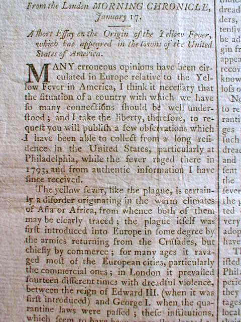 1799 Boston MA newspaper 1793 YELLOW FEVER EPIDEMIC in Philadelphia PA ...