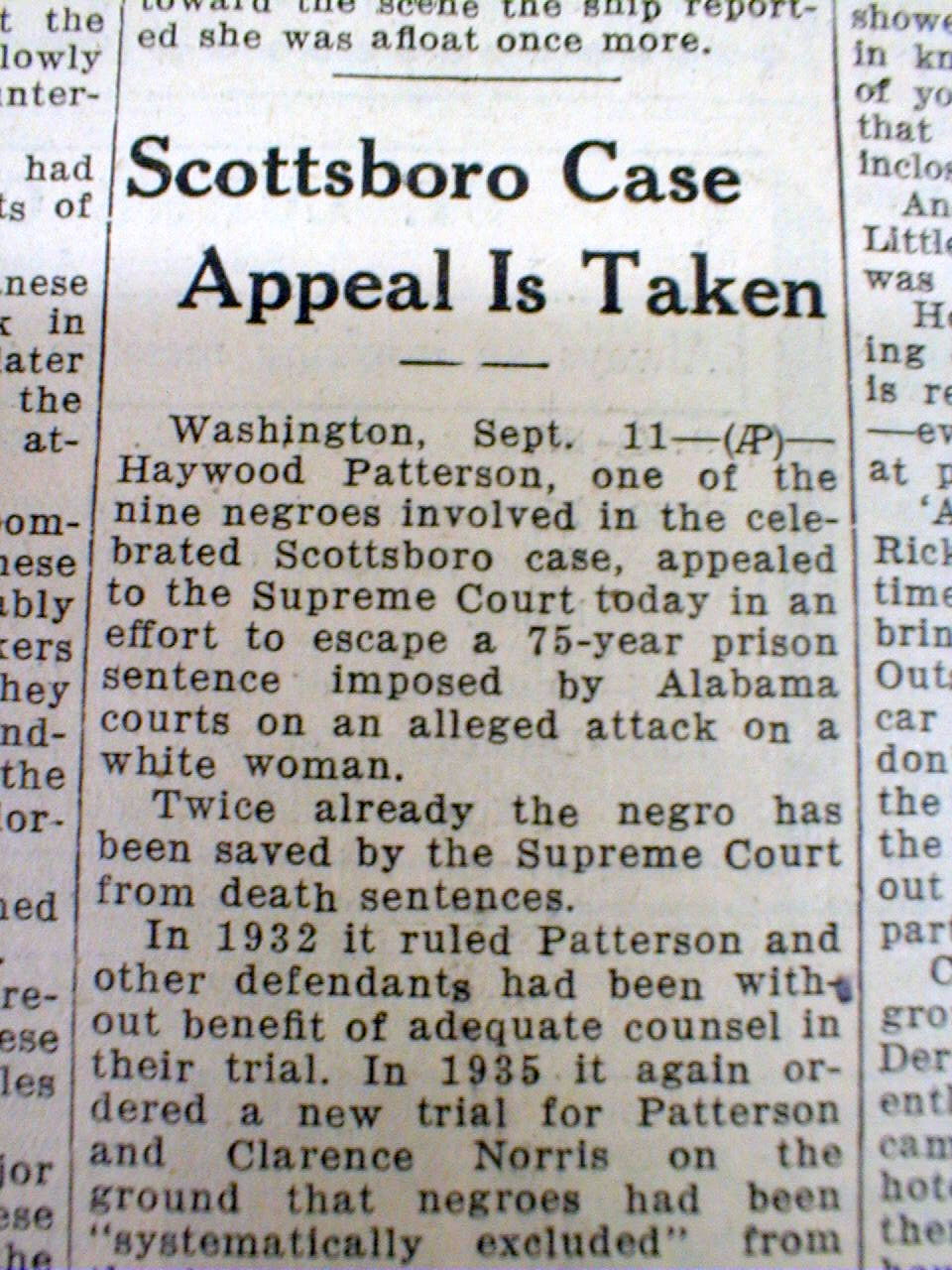 1937 newspaper SCOTTSBORO BOYS Haywood Patterson APPEALS to US Supreme ...