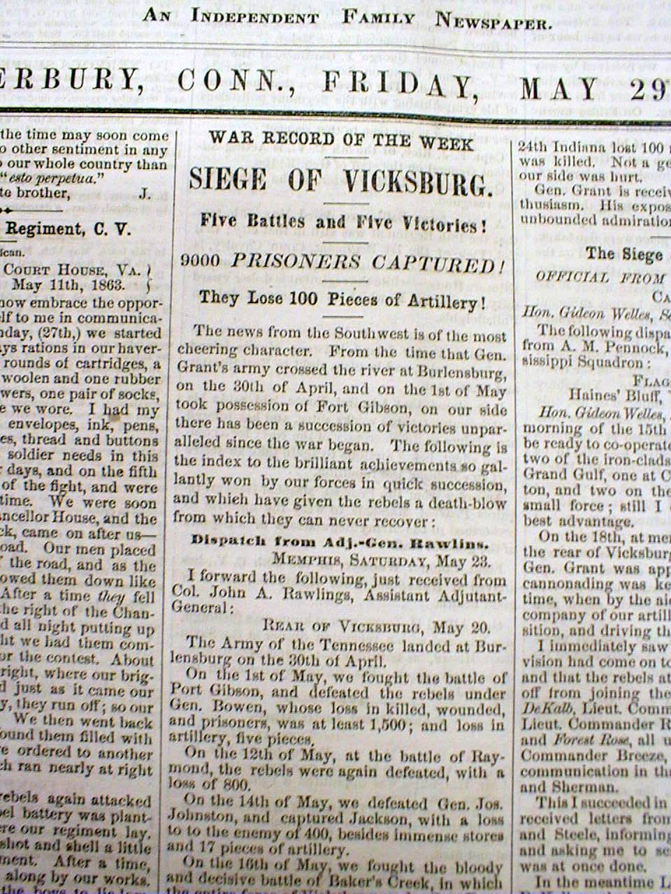 3 1863 Civil War newspapers SIEGE of VICKSBURG Mississippi by GENERAL ...